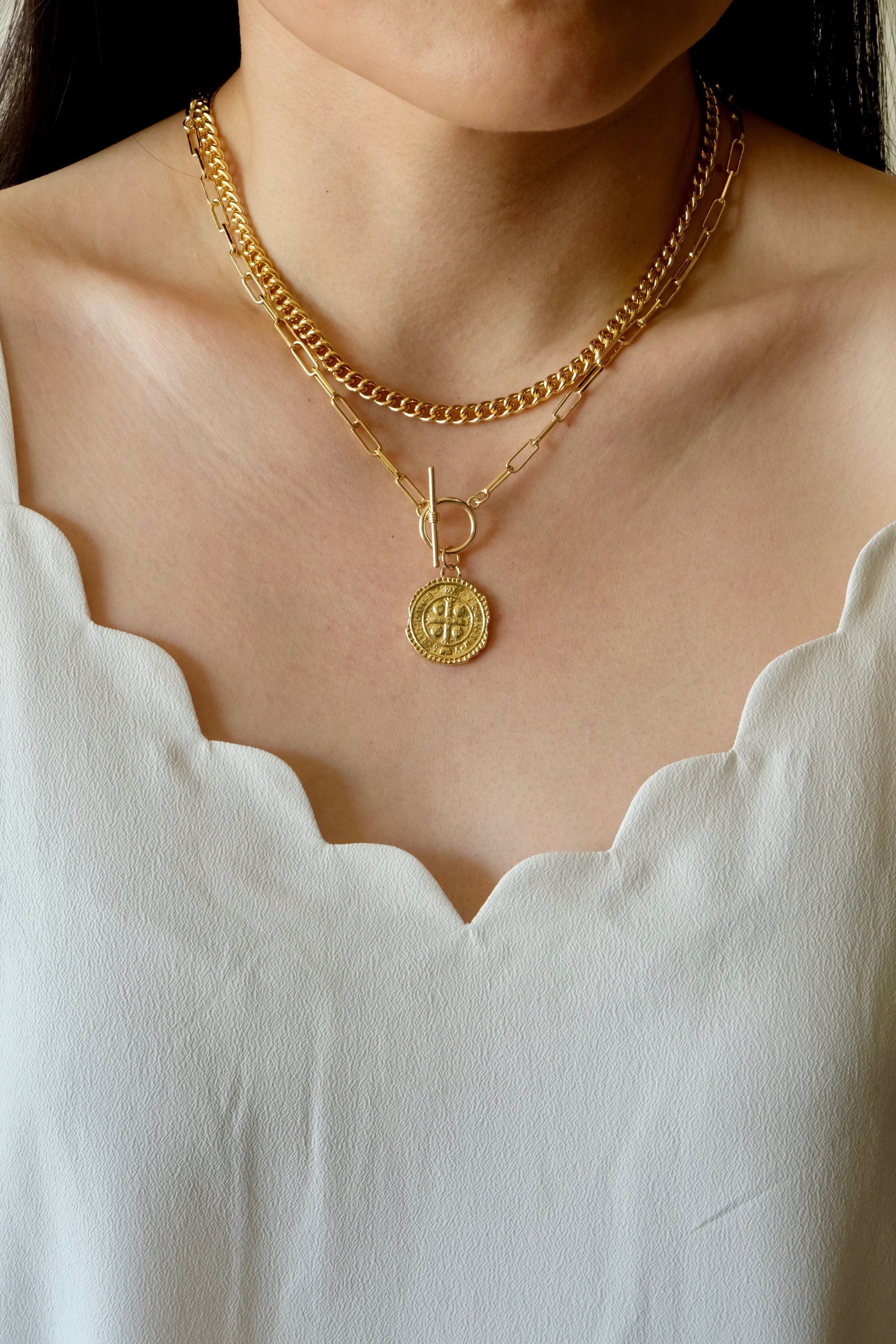 Gold Coin Medallion Necklace SET, 18k Gold Filled Chain, Gold Toggle ...