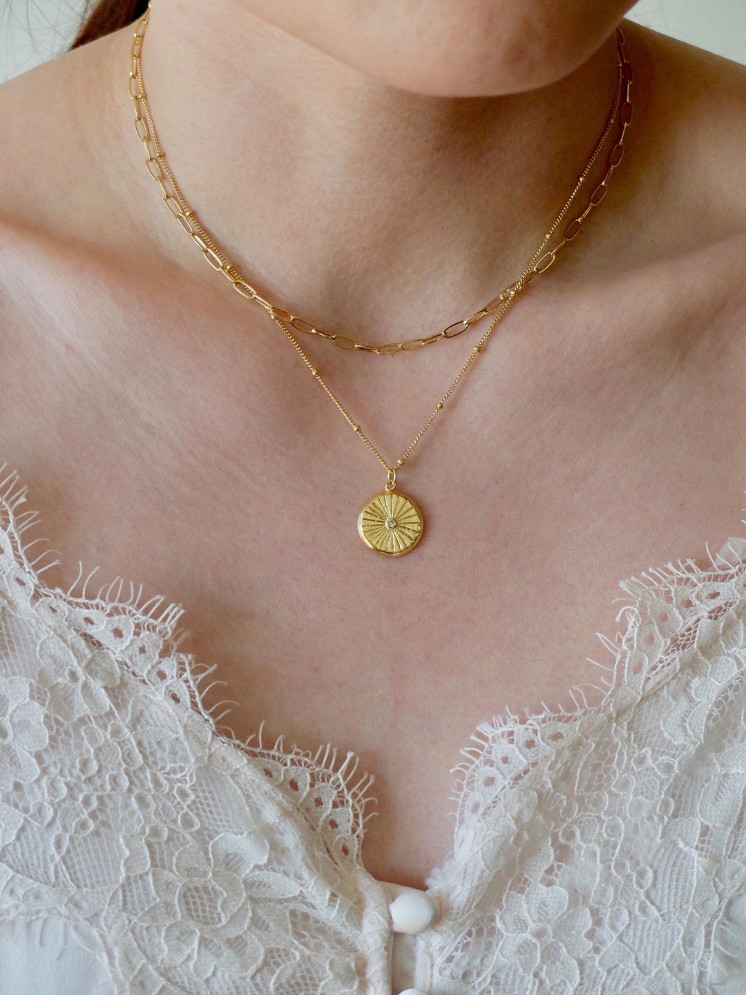 Small Gold Link Choker With Gold Coin Set Necklace, Sun Necklace, 14K ...