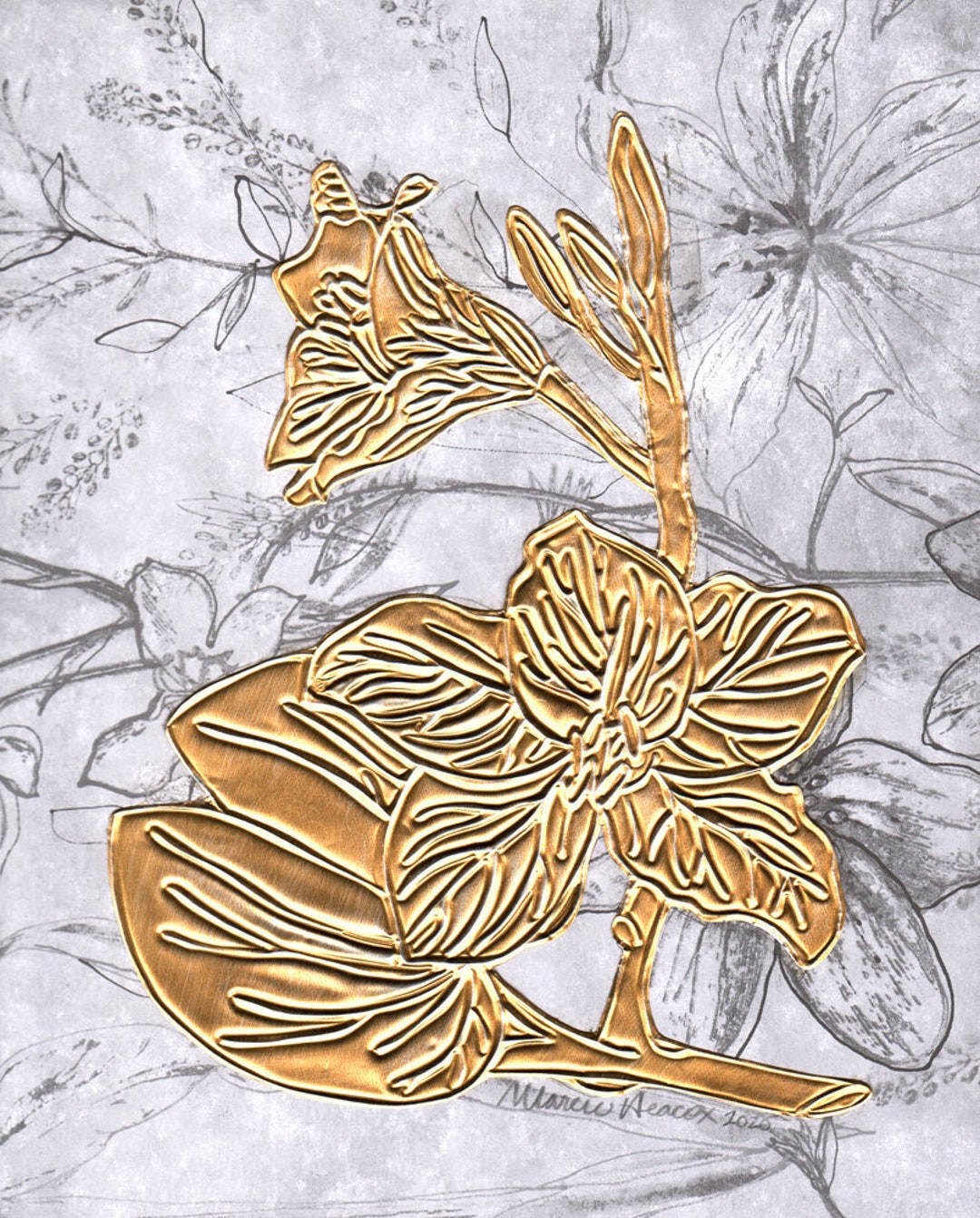 Handmade Embossed Metal Flower Art Aluminum Silver Gold Shiny Orchid ...