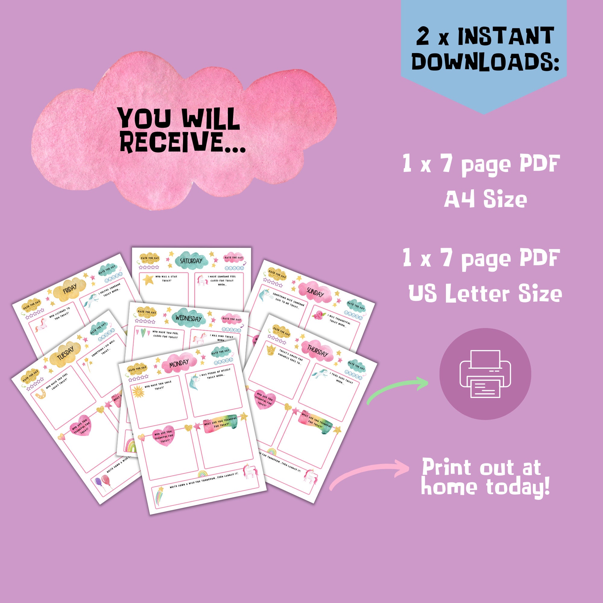 Kids' Gratitude Journal Printable | Unicorn Themed Colourful Daily ...