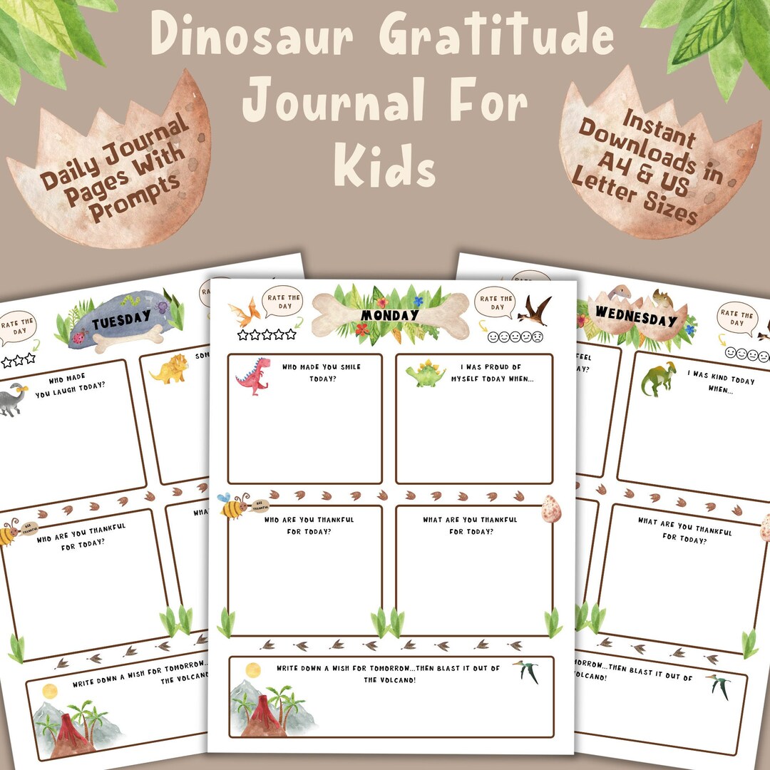 Kids' Gratitude Journal Printable | Dinosaur Themed Colourful Daily ...