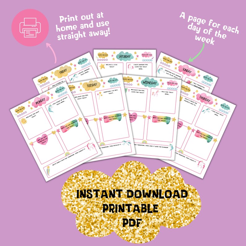Kids' Gratitude Journal Printable | Unicorn Themed Colourful Daily ...