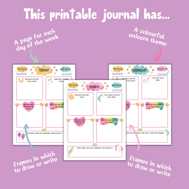 Kids' Gratitude Journal Printable | Unicorn Themed Colourful Daily ...