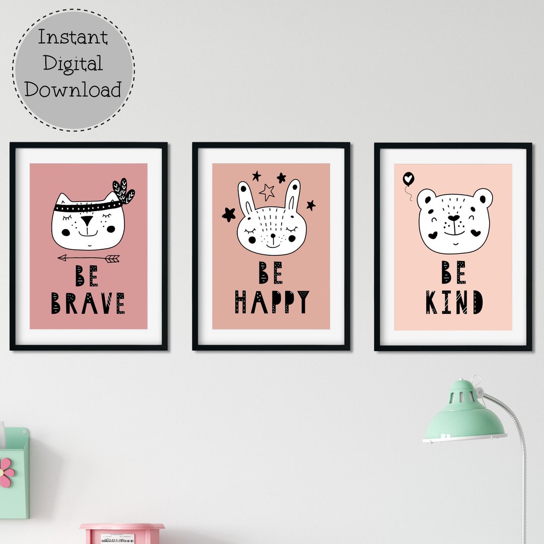 Be Brave, Be Happy, Be Kind Nursey Wall Art | Scandi Animal Design ...