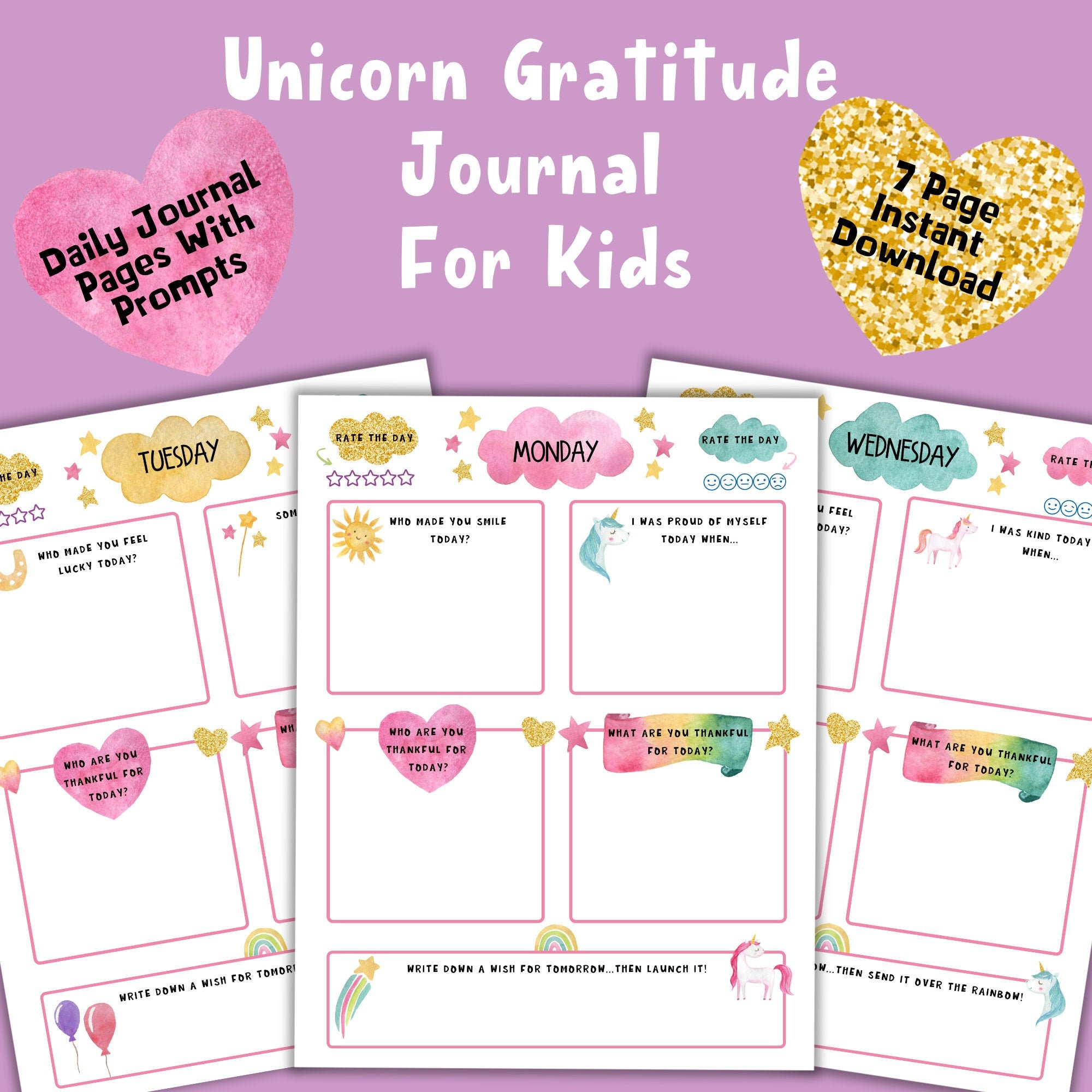 Kids' Gratitude Journal Printable Unicorn Themed Colourful Daily Pages ...
