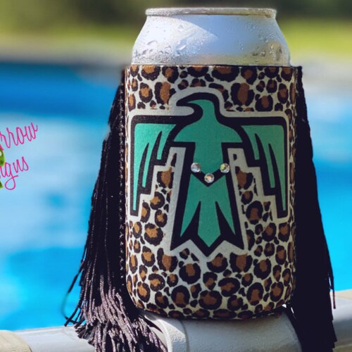 Turquoise Cheetah Thunderbird Fringe Regular Can Coolie - Etsy