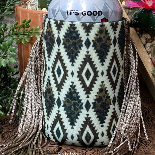 Turquoise Cheetah Thunderbird Fringe Regular Can Coolie | Etsy