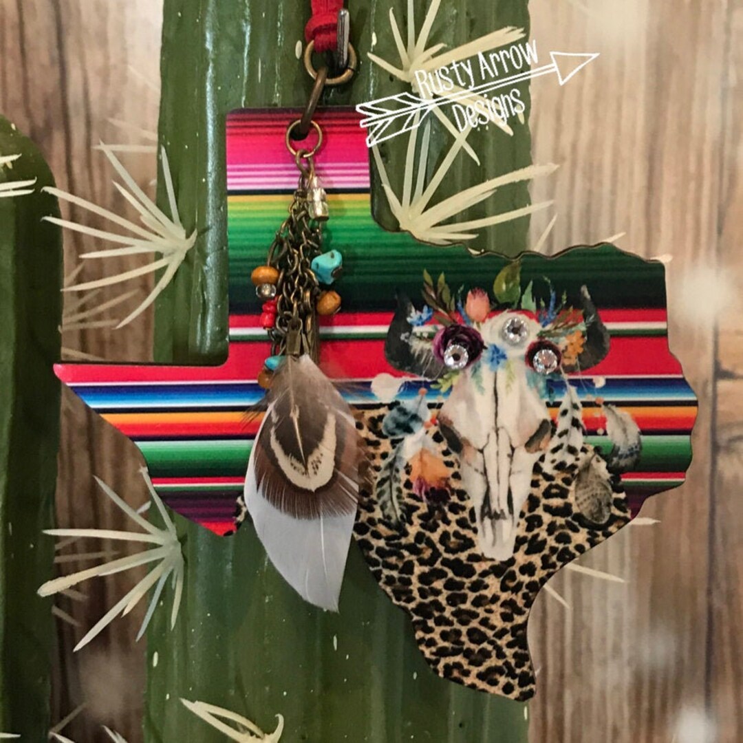 Texas Serape Bull Skull Rear View Mirror Charm, Rear View Mirror ...