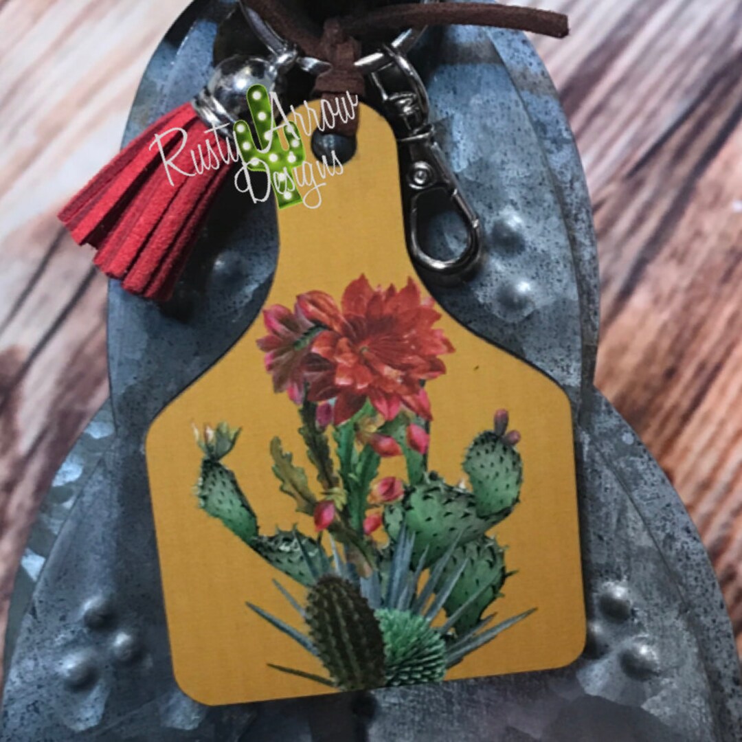 Cactus With Red Bloom Livestock Cattle Ear Tag Key Chain - Etsy