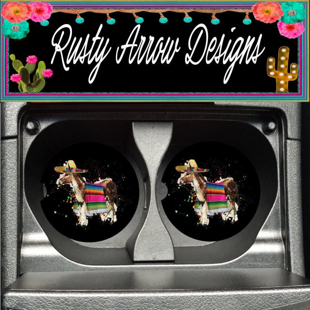 Set of 2 Car Coasters Serape Donkey With Black Background Sandstone Car ...