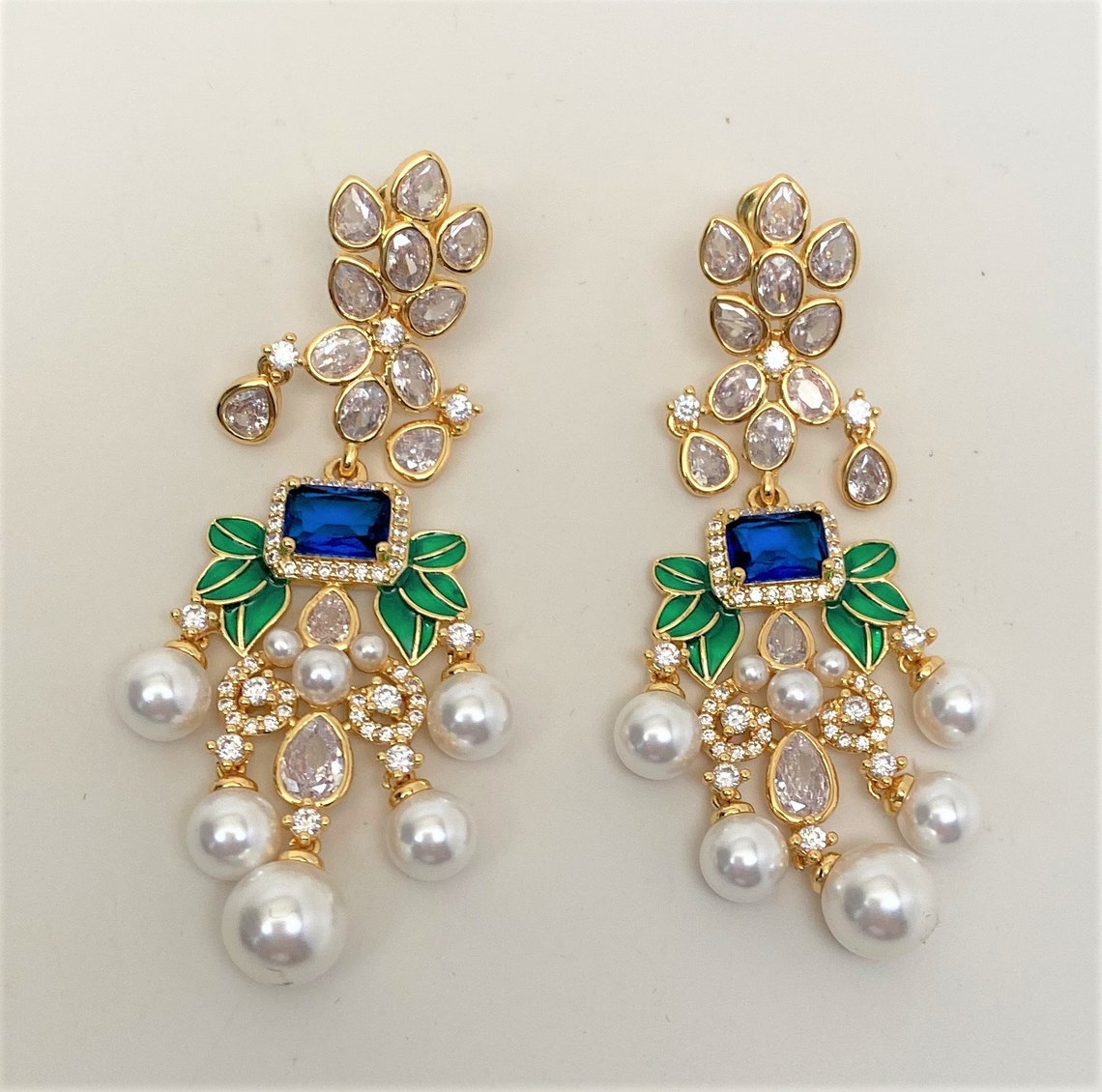 Fab Clear Bezels, Enamel , Faux Pearl & Rhinestones Dangle Pierced ...