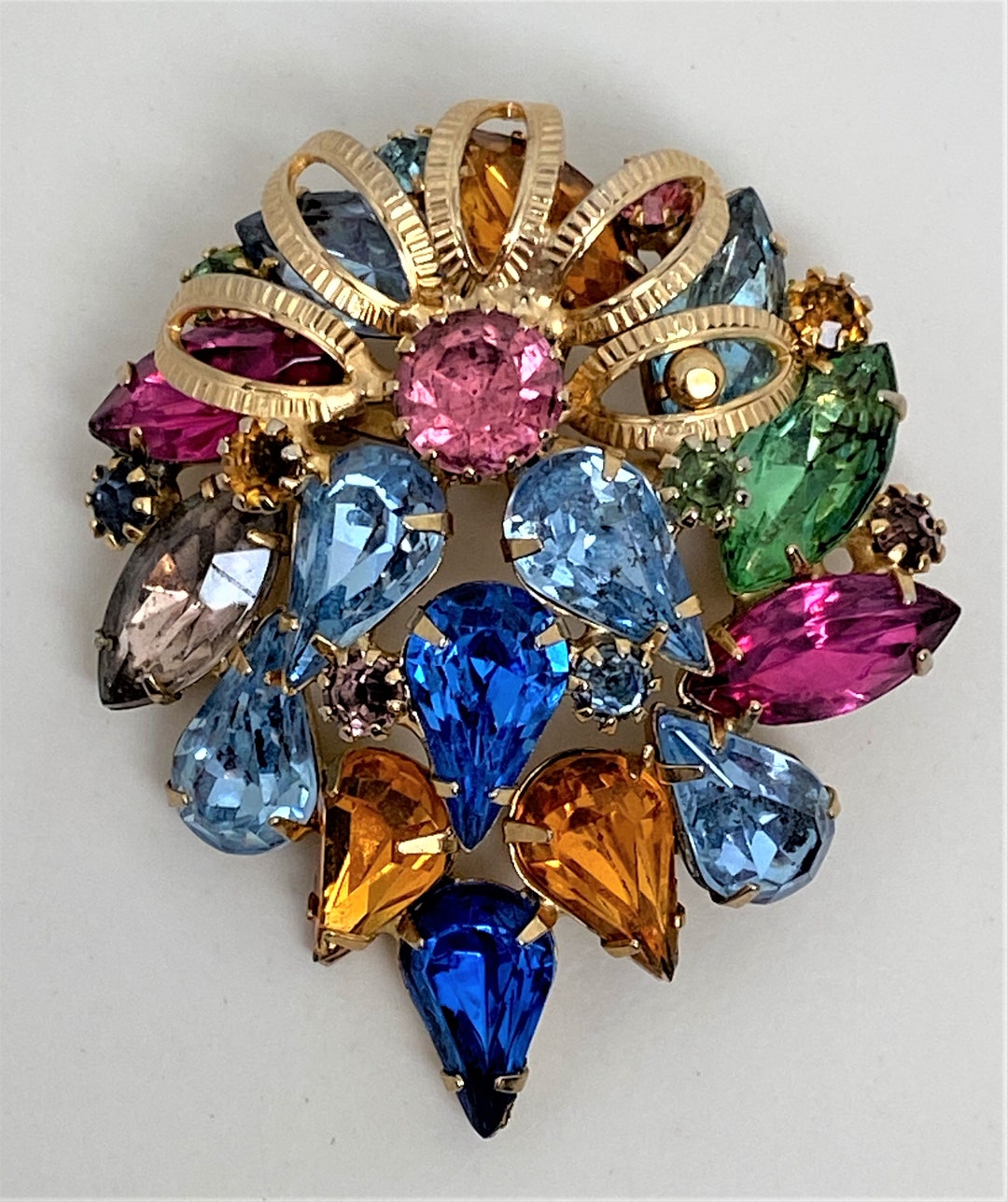 Gorgeous Vintage Gold Tone Multi Colors Large Rhinestones Pendant / Pin ...