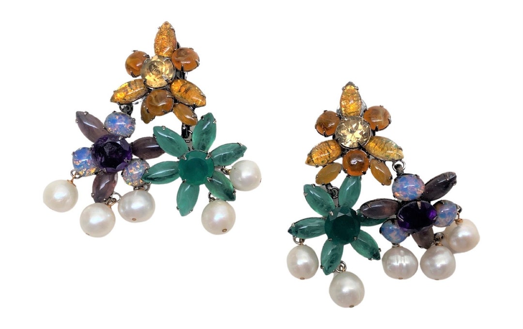 Spectacular Iradj Moini Triple Flower and Pearl Drops Dangle Clip on ...