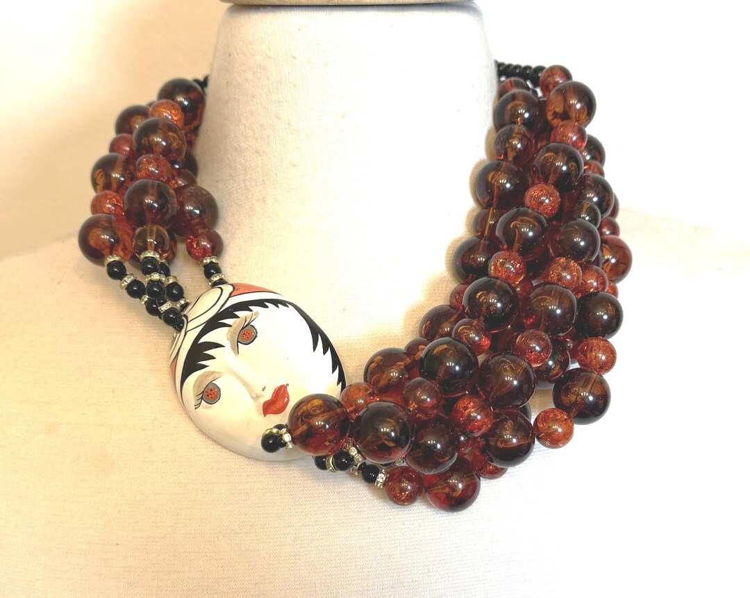 Art Deco Style Enamel Face Mask Brown Color Resin Beads, Rhinestones ...