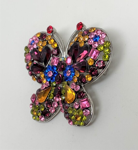 Vintage Multi Color Rhinestones Butterfly Pin Brooch - Gem