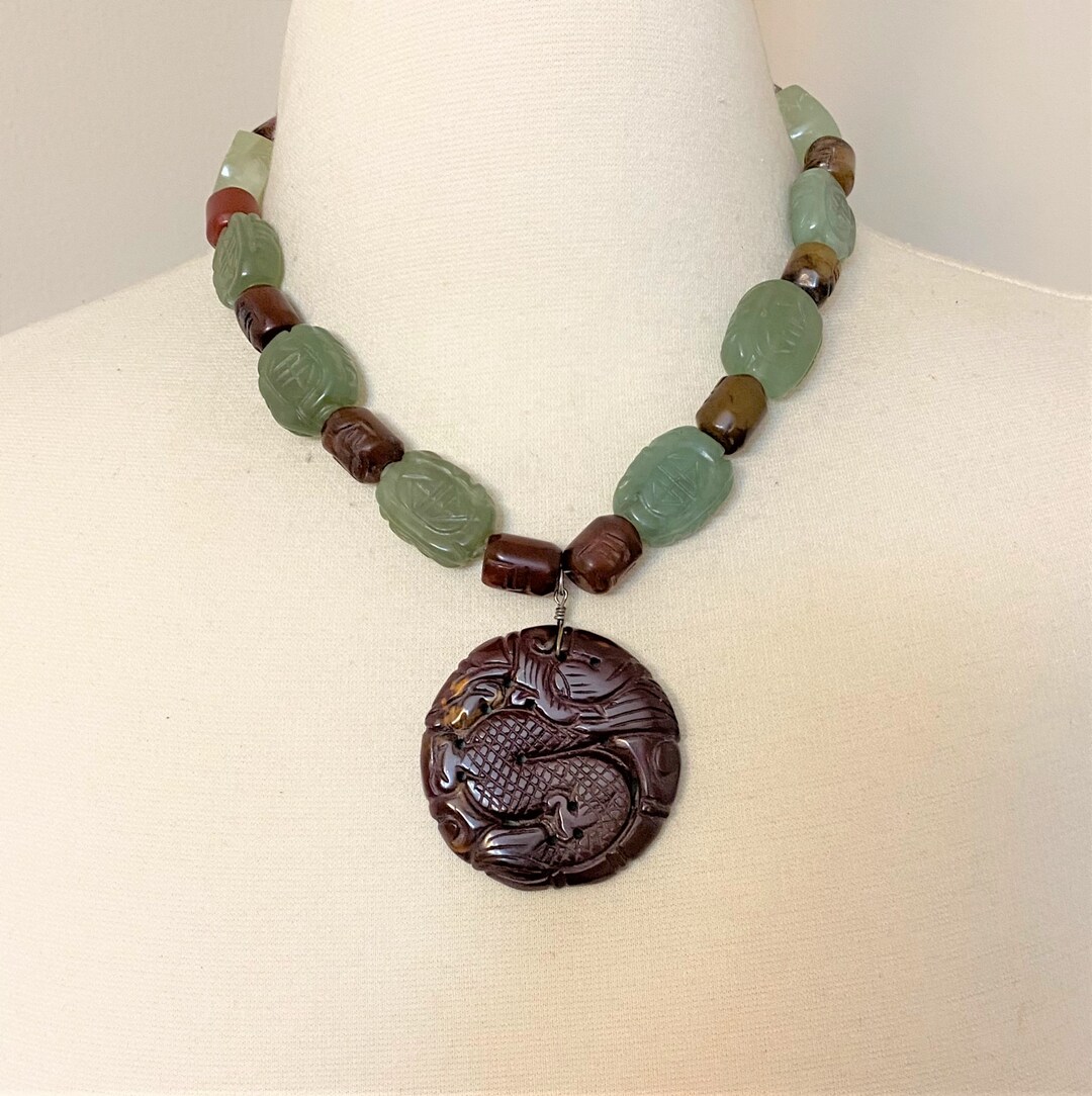 Vintage Jade & Semi Precious Stones Pendant Necklace - Etsy
