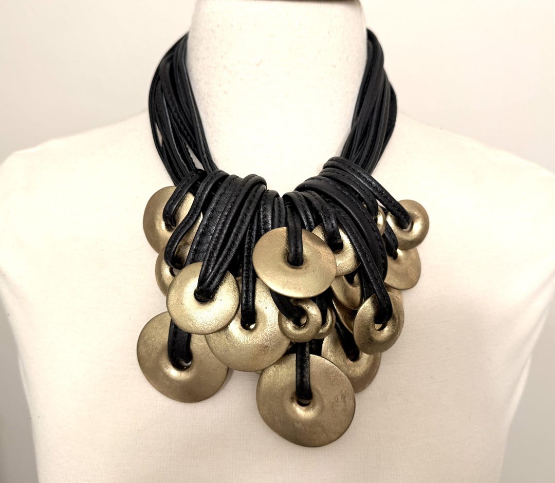 Gerda Lynggaard Monies Black Leather Fringe & Gold Wood Rings Necklace ...