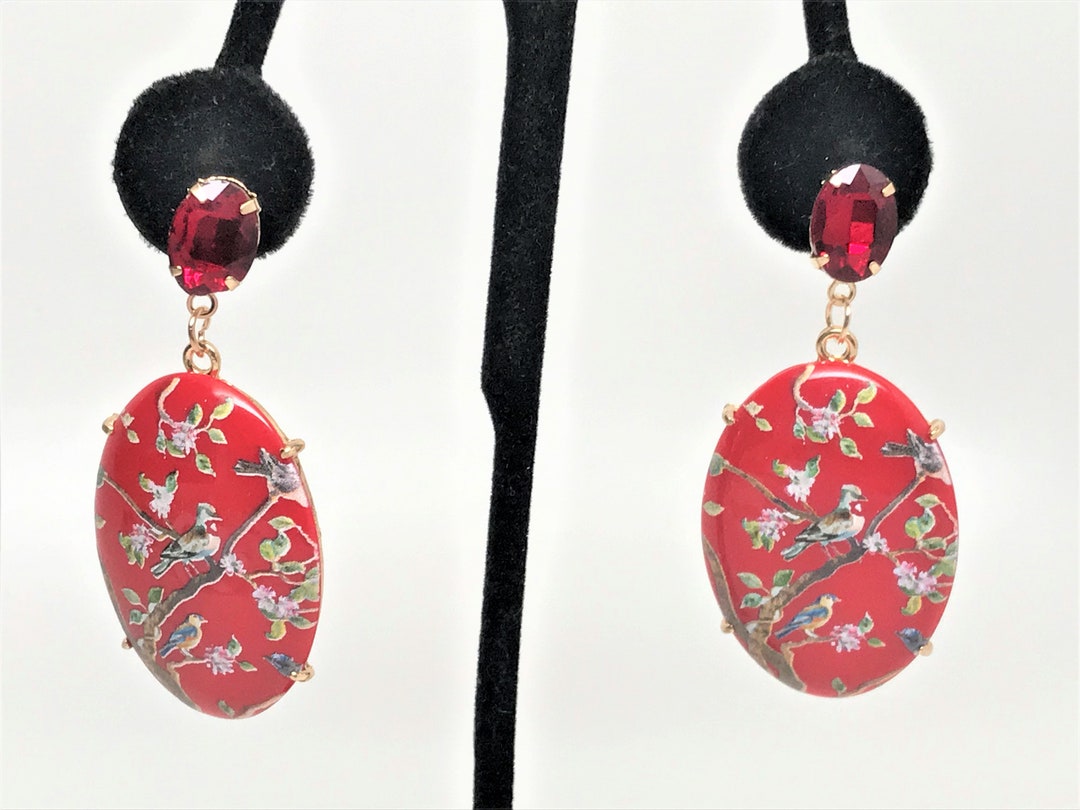 Ruby Rhinestone Bird Earrings, Red Resin Painted Dangle - Etsy