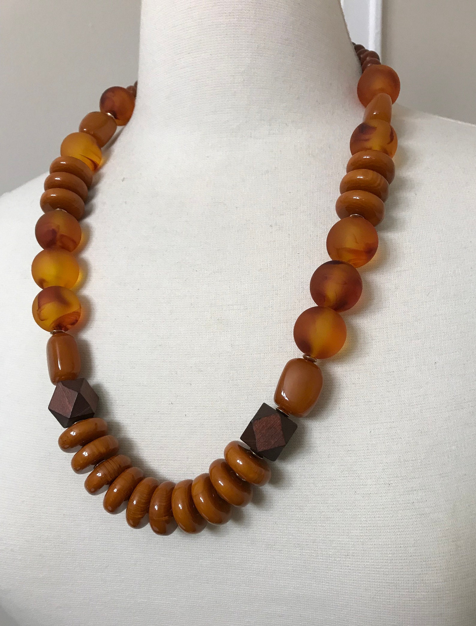 Gorgeous Amber Color Lucite & Wood Long Necklace - Etsy