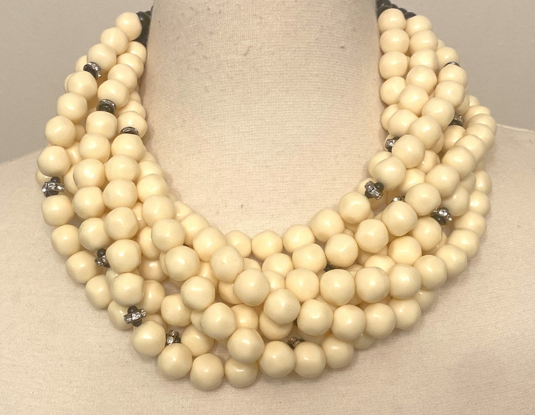 Gorgeous Cream Color Resin Beads & Rhinestone Rondelles Multi Strand ...