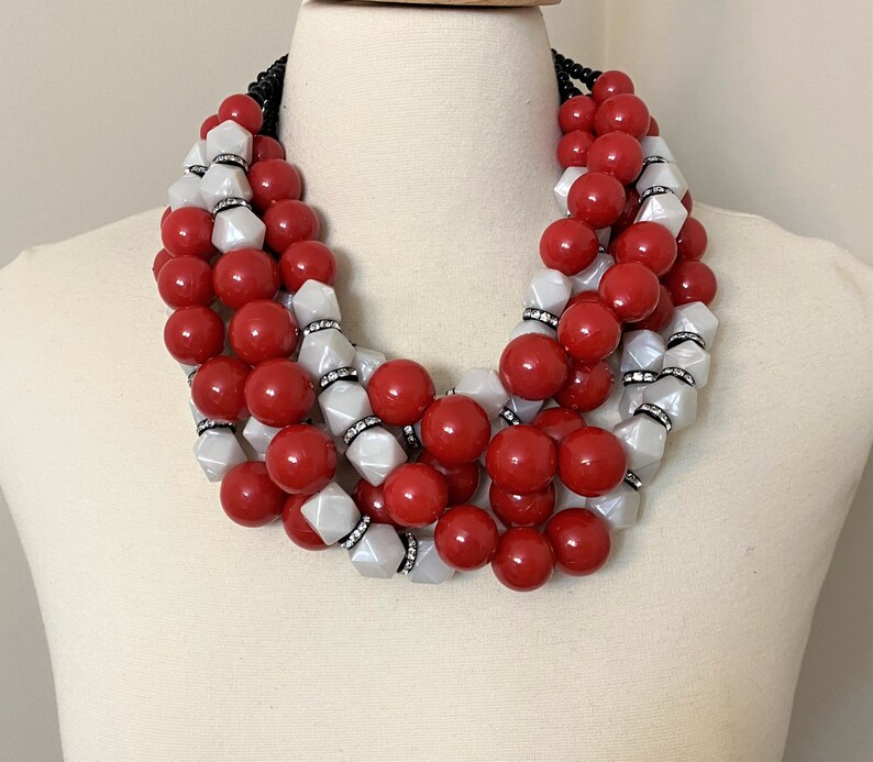 Multi Strand Red & White Acrylic Beads Rhinestone Necklace - Etsy