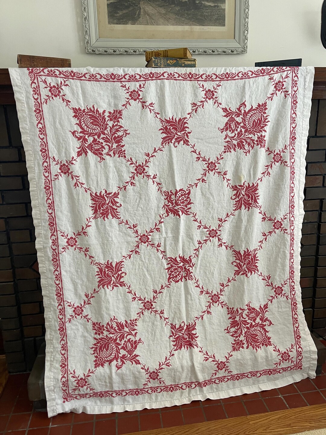 Vintage Redwork Cross Stitch Table Cloth Soft Thick Linen - Etsy