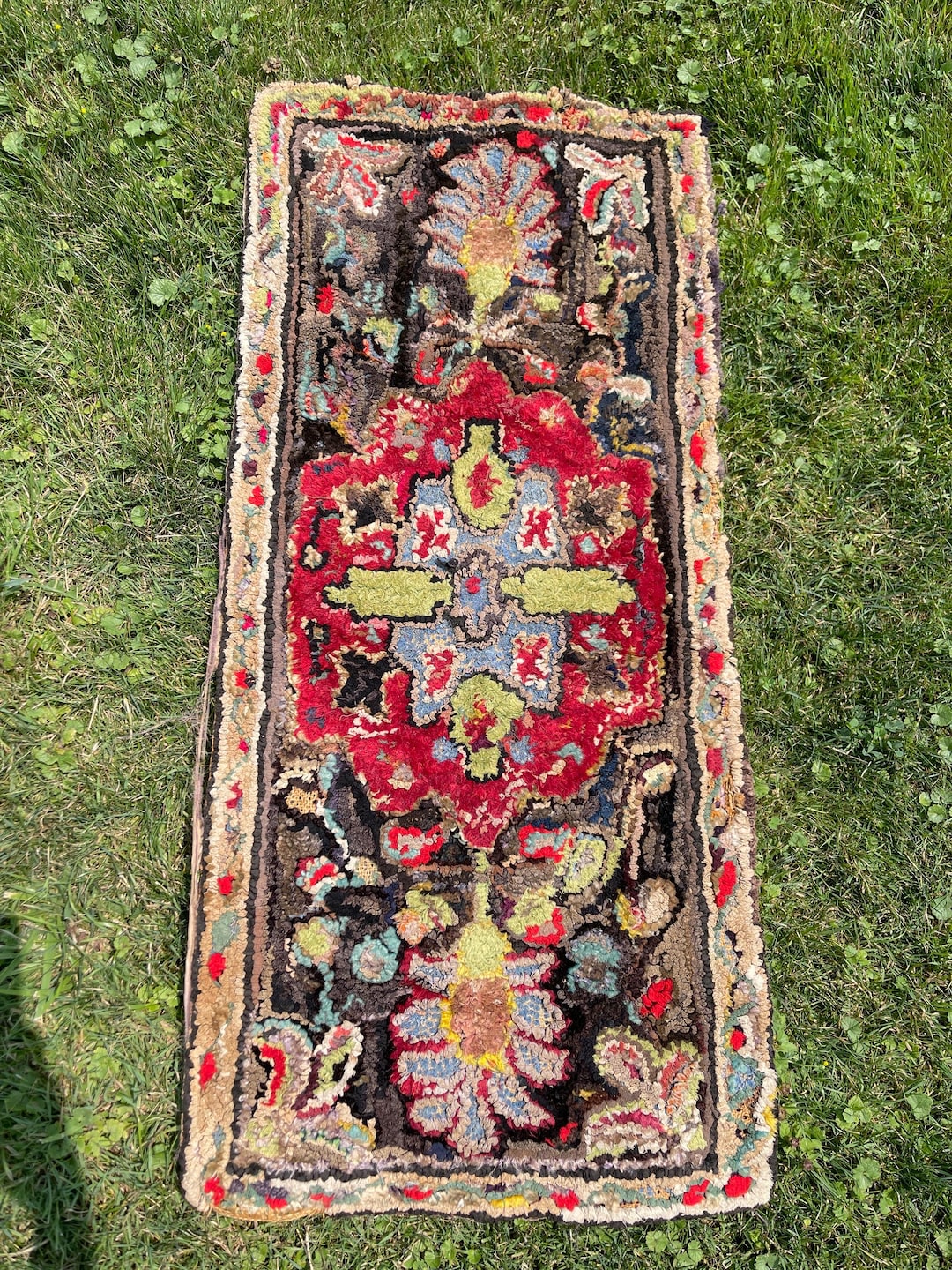 Antique 1800s Small Hooked Folk Art Rug Beautiful Wall Hanging Silk ...