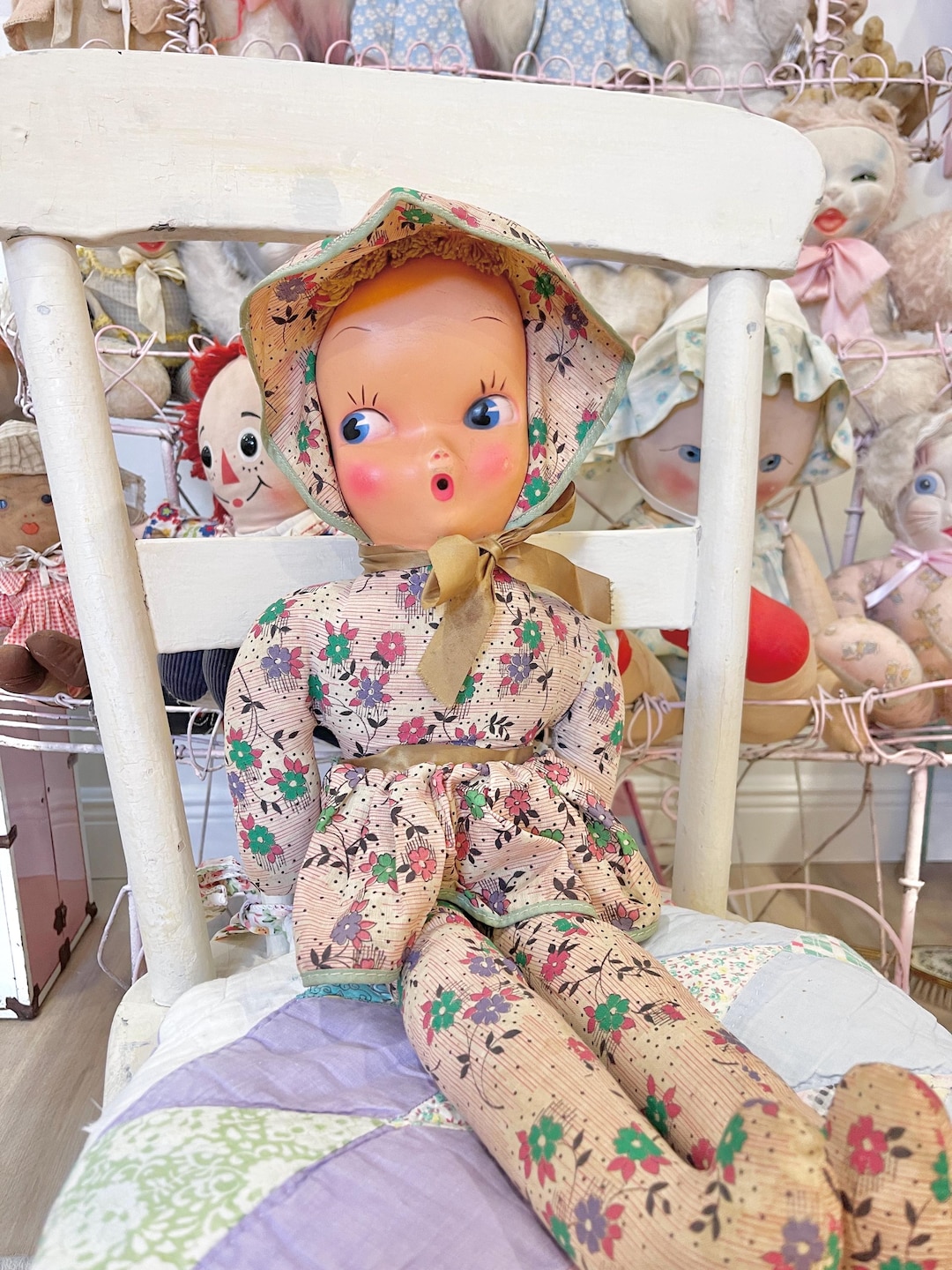 Vintage Plastic Face Rag Doll Feedsack Fabrics Kitschy 1950s Long Legs ...