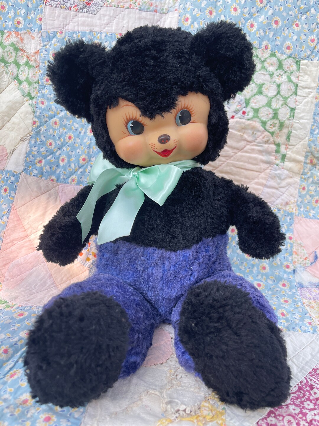 Vintage Rushton Rubber Face Plush Buddy Bearkins Blue and Black Bear ...