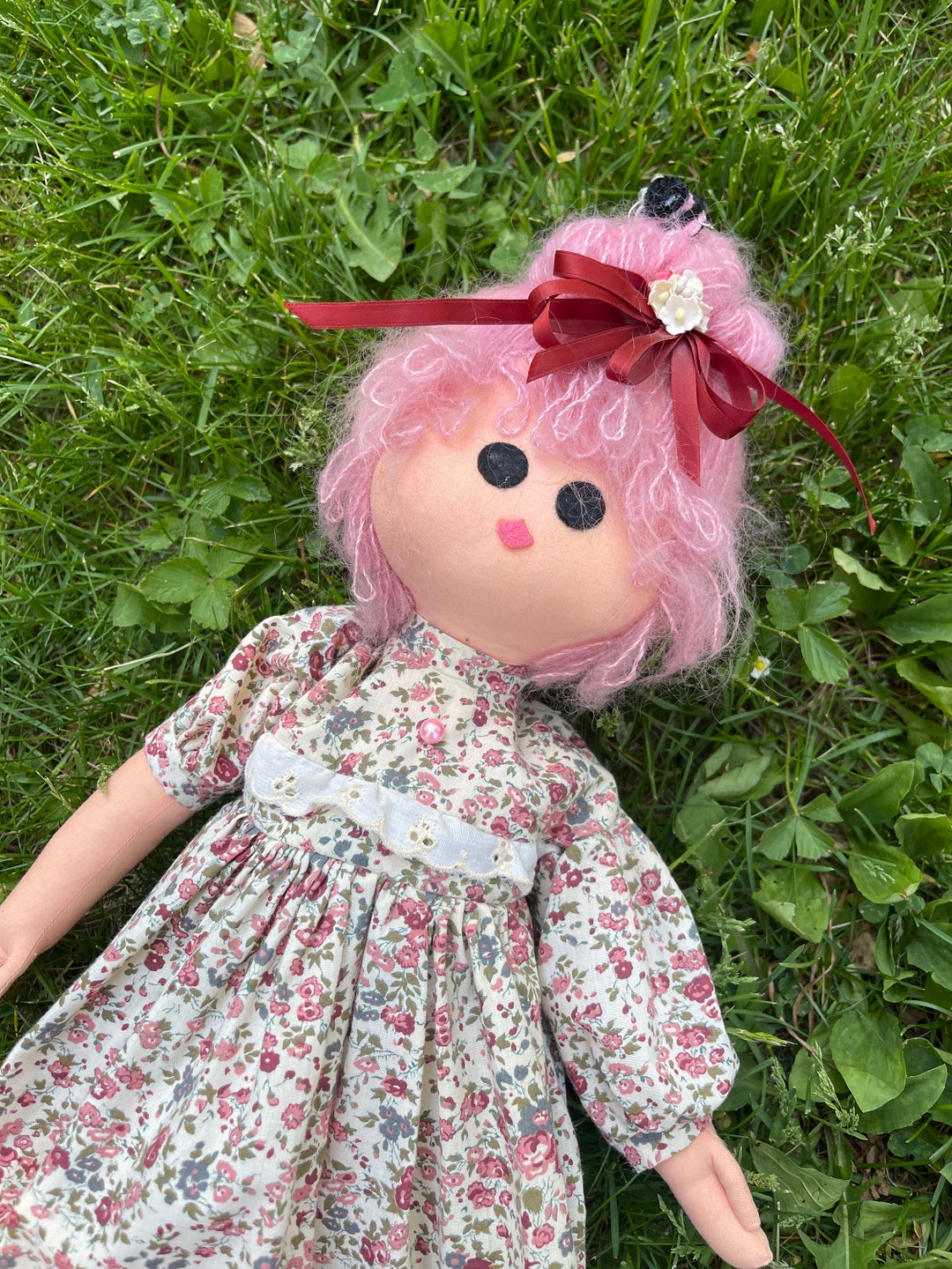 Vintage Rag Doll With Floral Dress Pink Hair Kitschy 1990s - Etsy