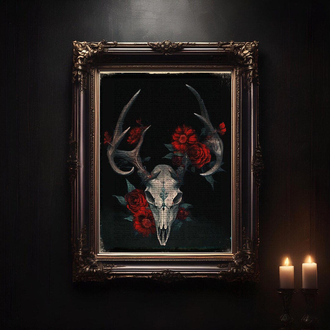 Deer Skull Antlers & Flowers Gothic Art Print - Vintage Dictionary Page ...