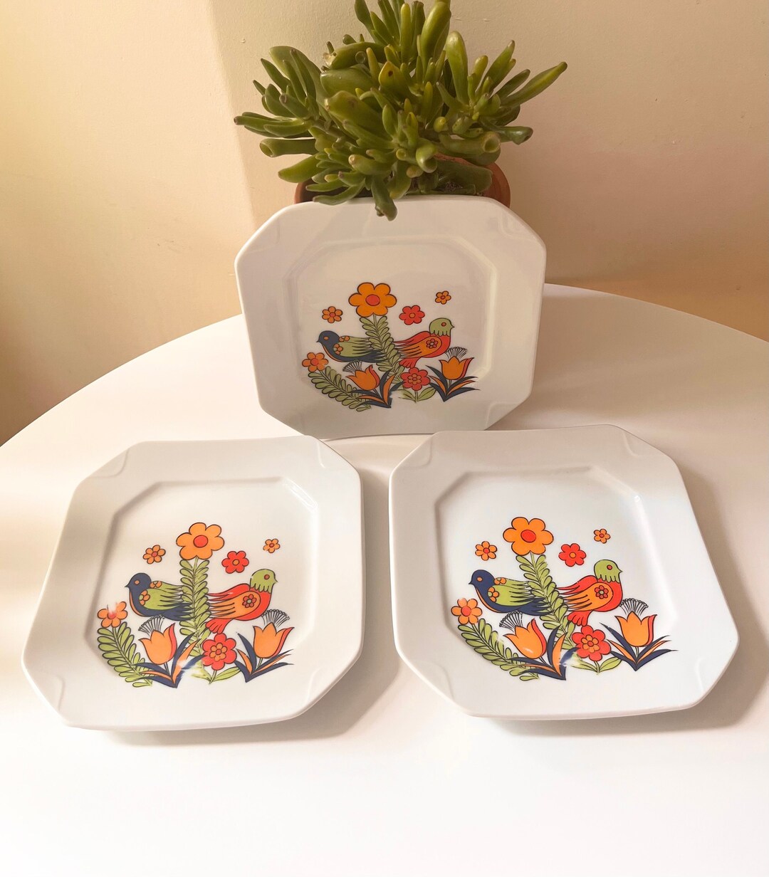Vintage 70s Small Square Plates (set of 3) With Retro Birds & Flowers ...