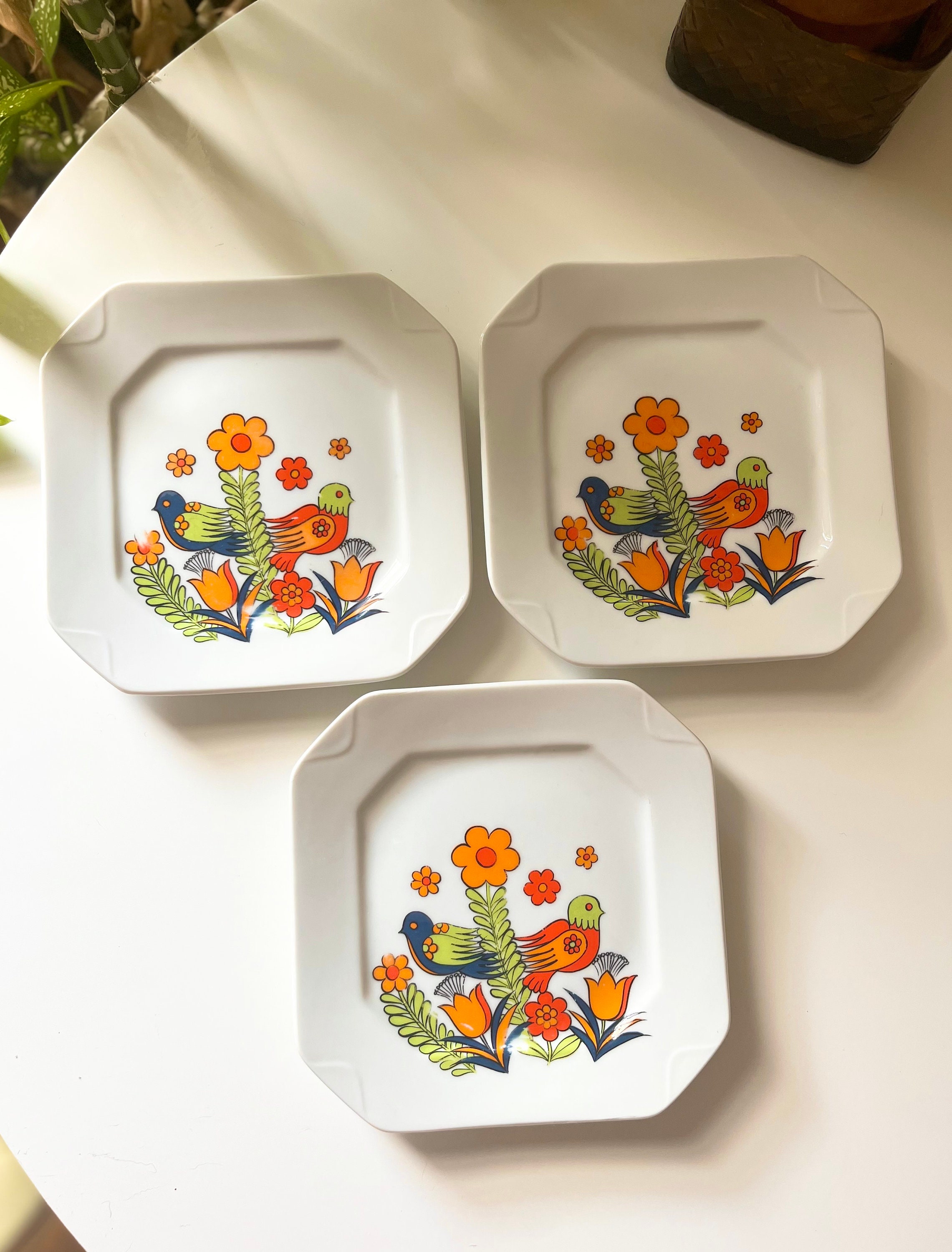 Vintage 70s Small Square Plates set of 3 With Retro Birds & - Etsy