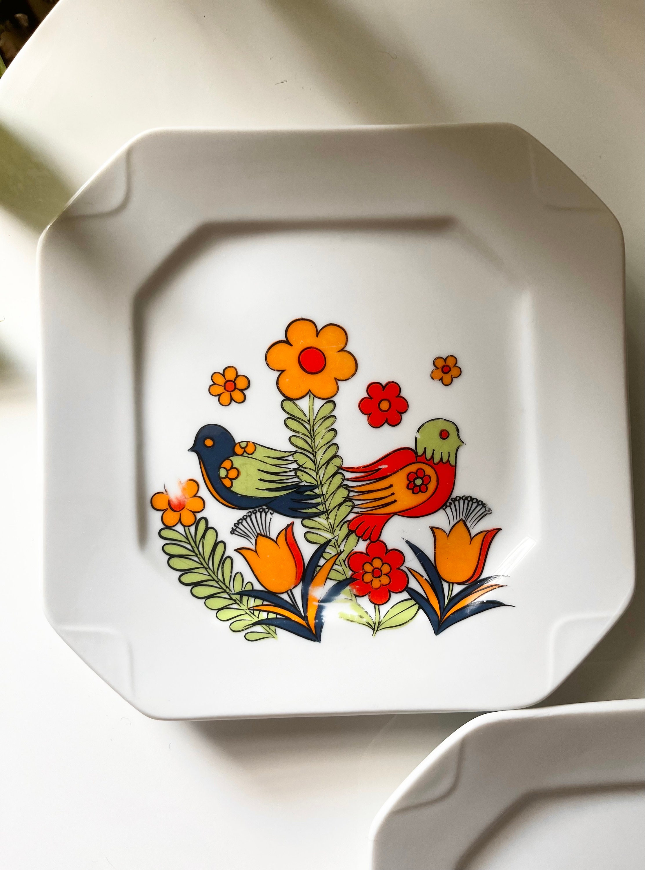 Vintage 70s Small Square Plates set of 3 With Retro Birds & - Etsy