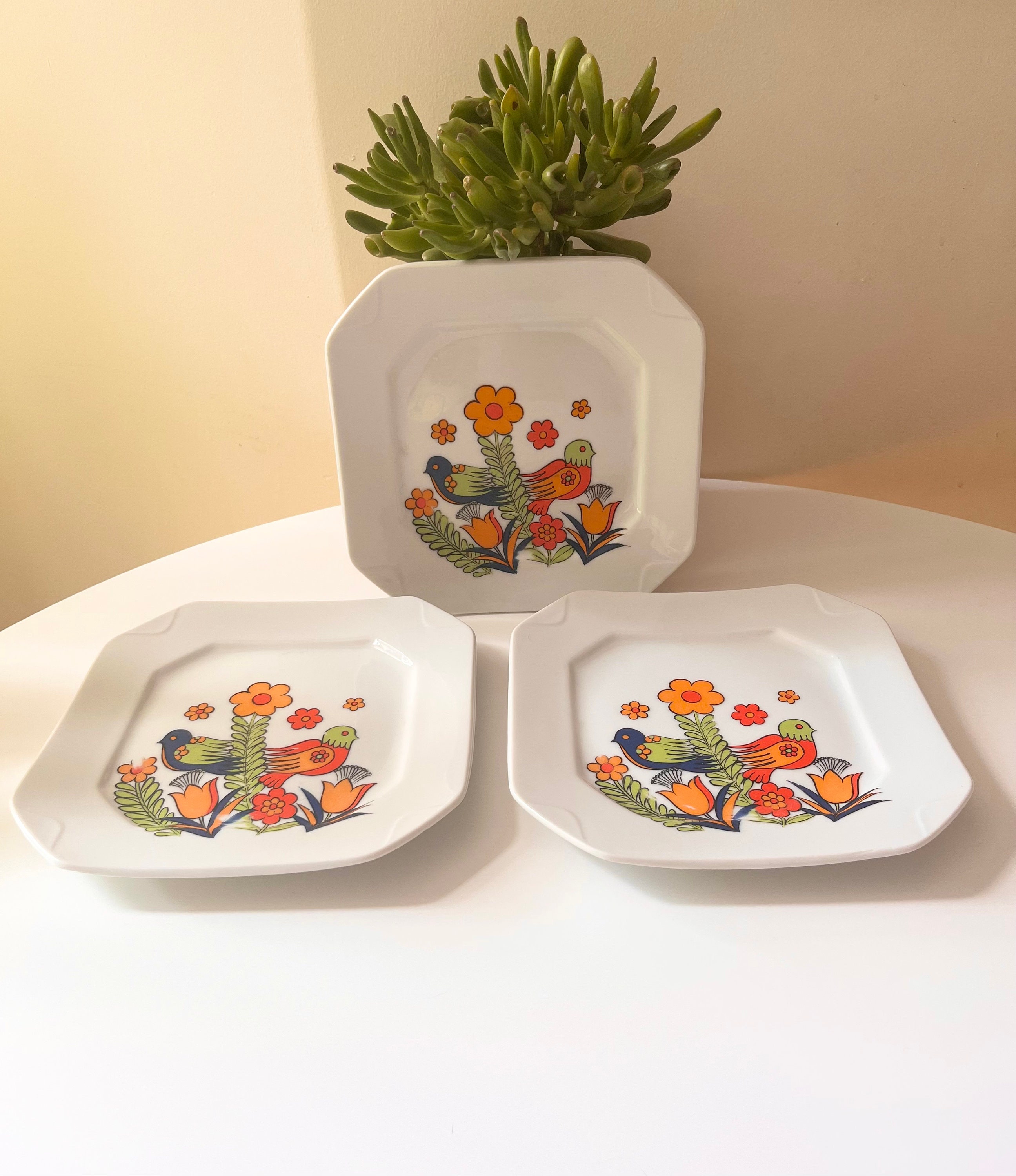 Vintage 70s Small Square Plates set of 3 With Retro Birds & - Etsy