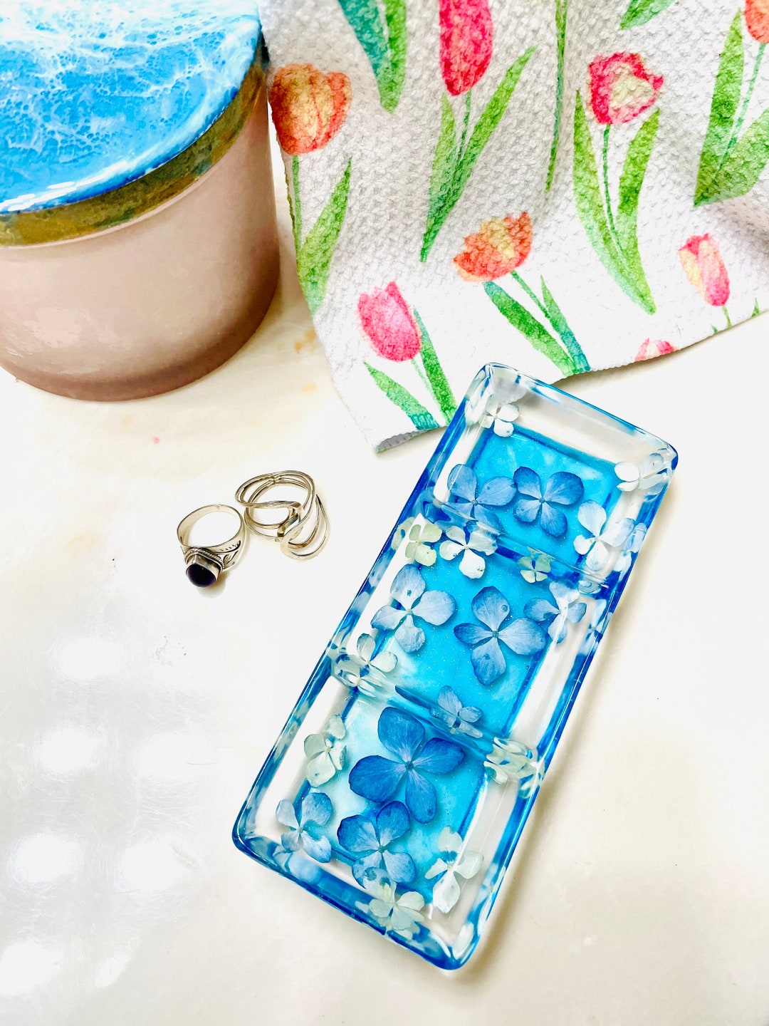 Clear Blue Resin Dried Flower Divided Dish, Housewarming Gift - Etsy