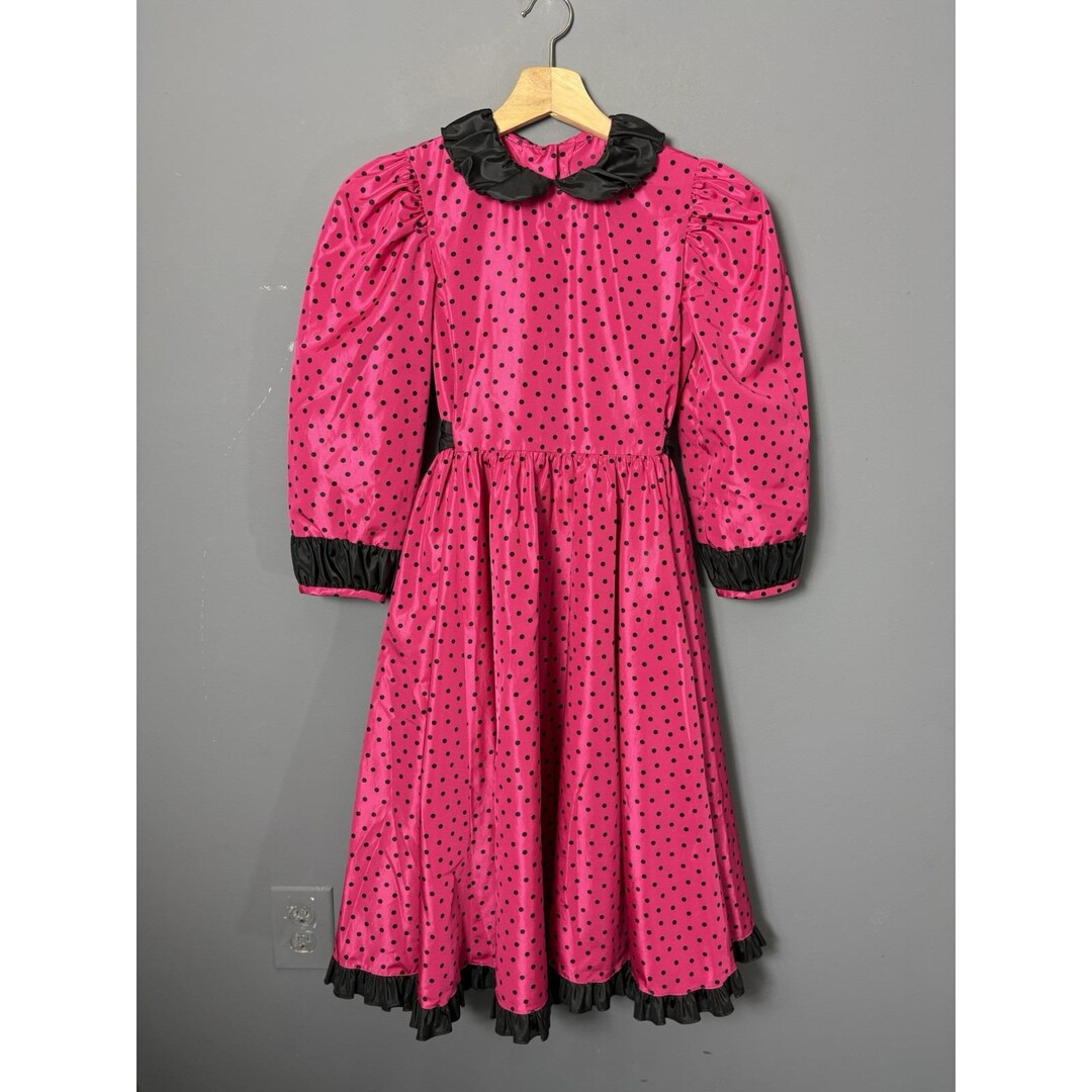 Vintage 80s WEE CLANCY Girls Kids Size 12 Pink/black Polka-dot Taffeta ...