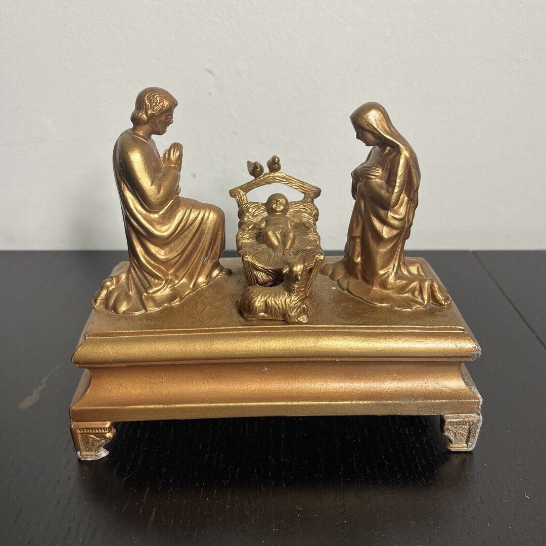 Vintage Gold Tone Metal Holy Family Nativity Christmas Music Box NON ...