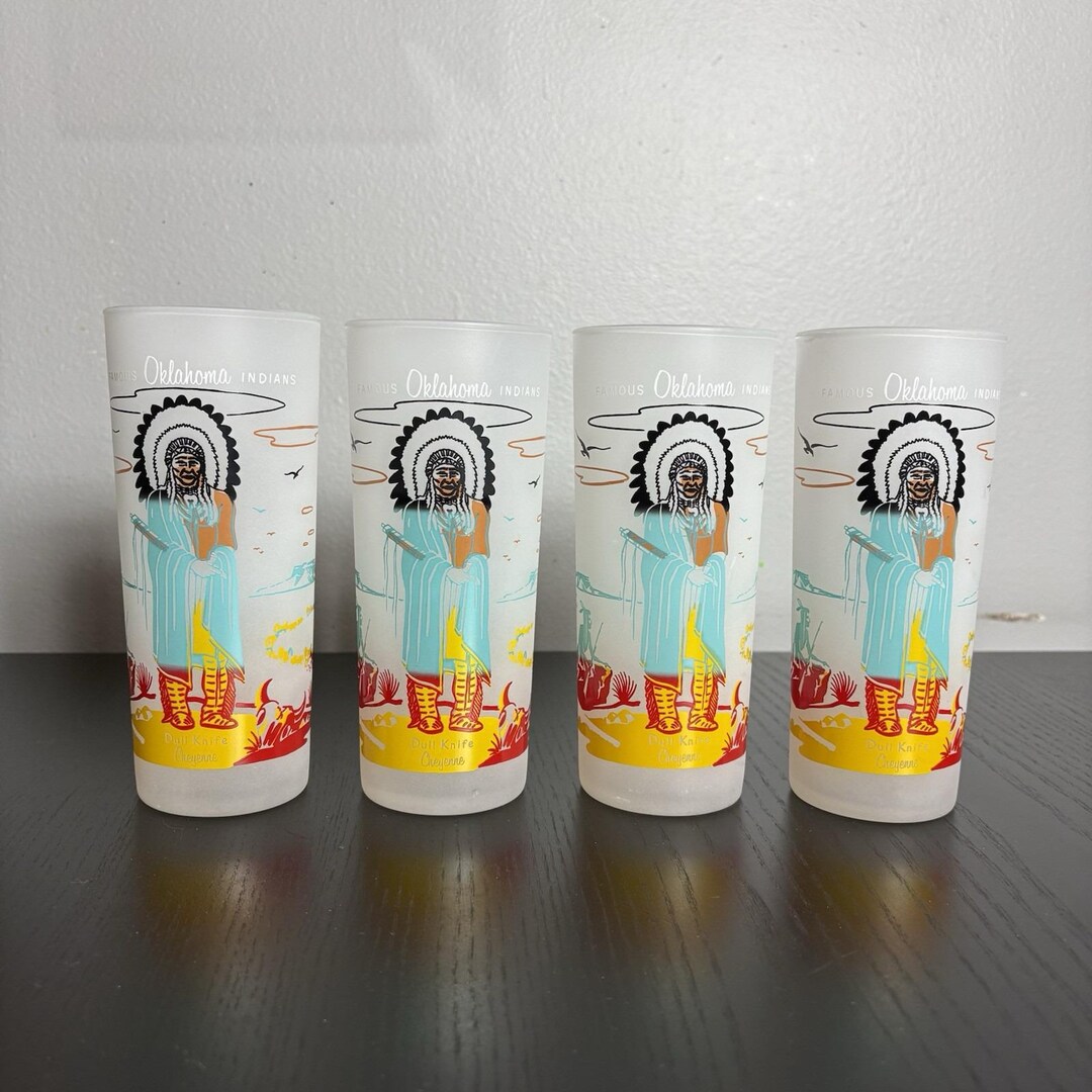 4 Vintage Famous Oklahoma Indians Dull Knife Frosted Tumbler Glasses ...