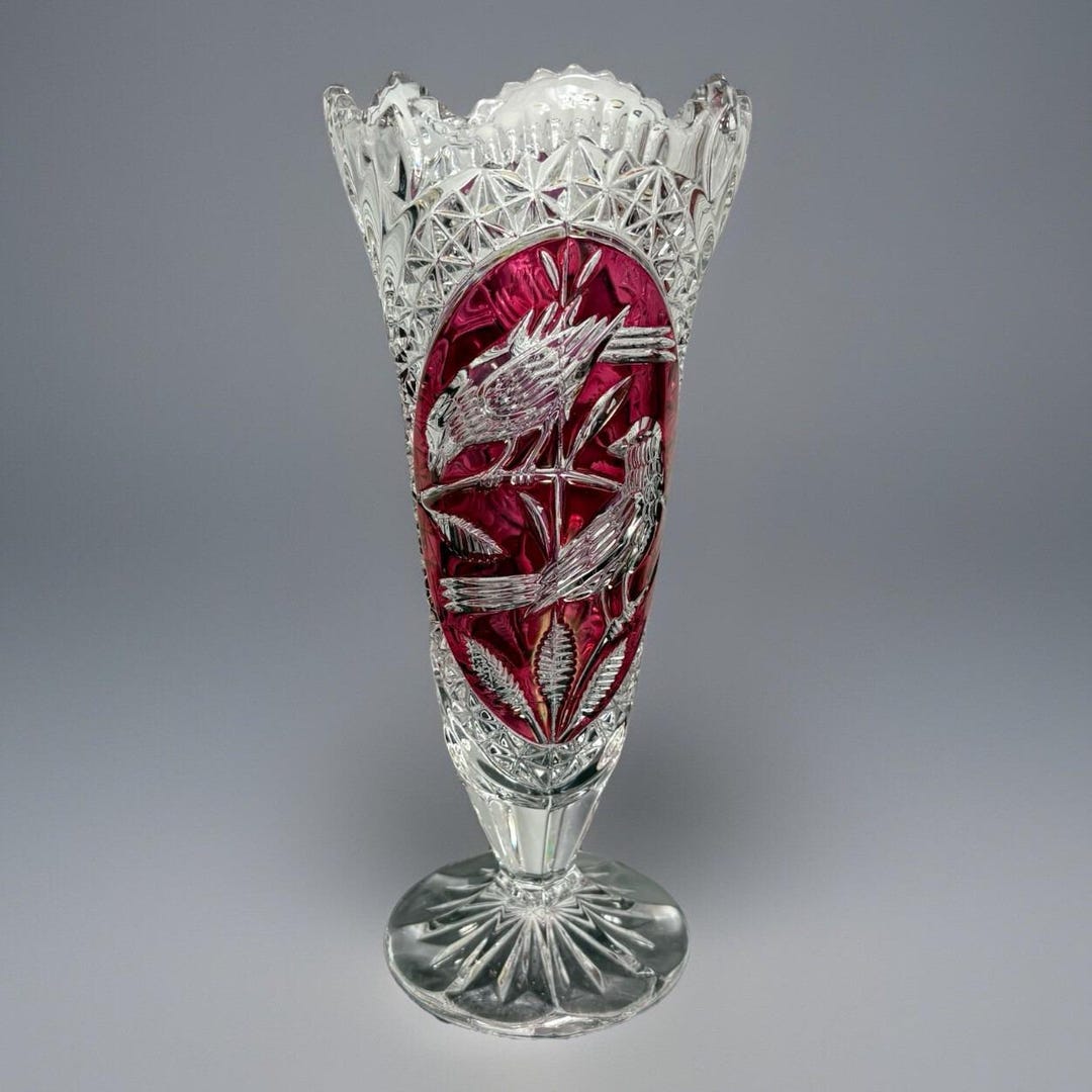 Vintage HOFBAUER Germany Byrdes 10.5" Crystal Glass Bird Vase Red Ruby ...