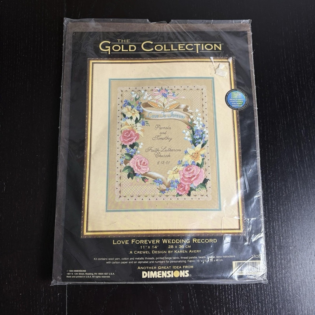 Vintage DIMENSIONS Gold Collection Love Forever Wedding Record Crewel ...