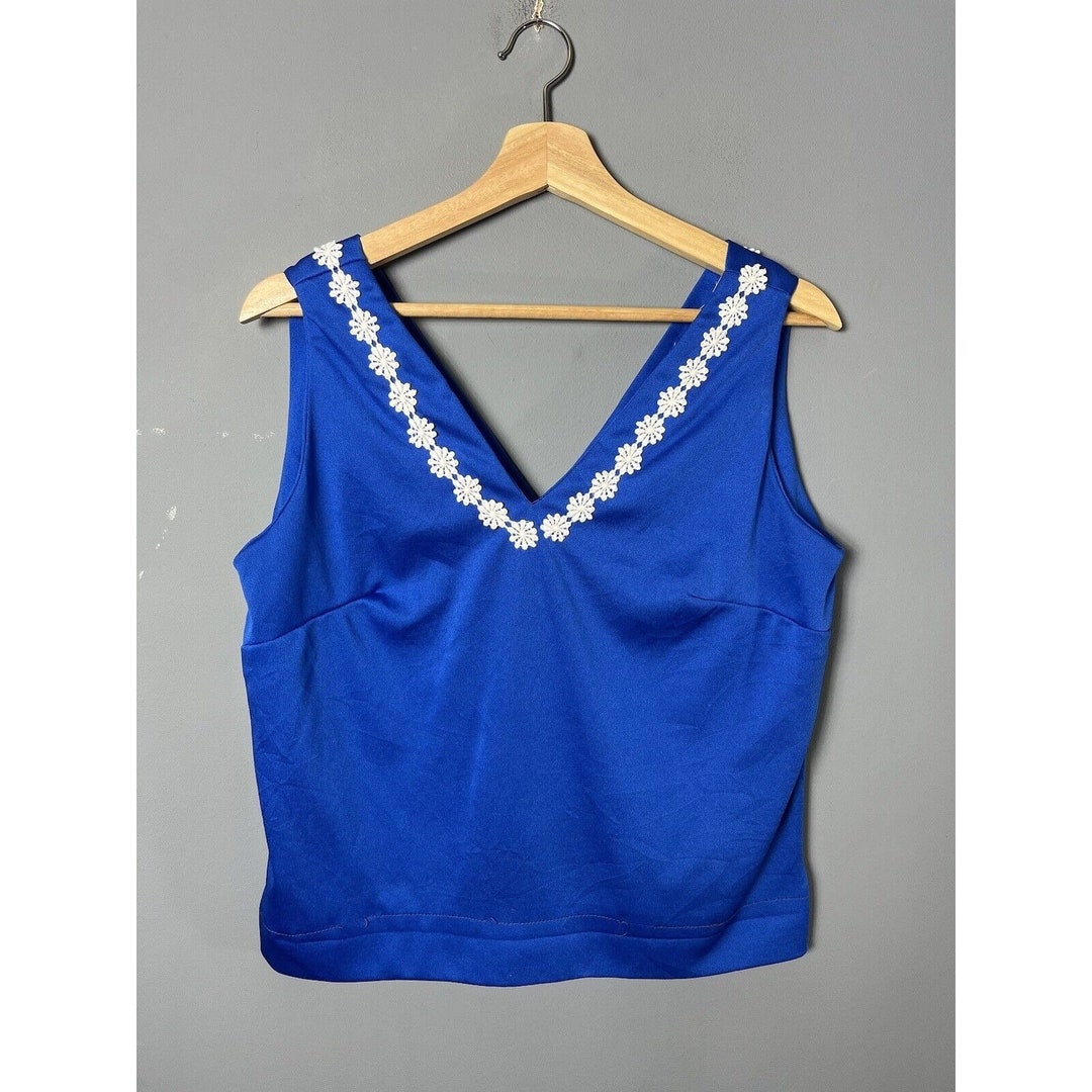 Vintage 60s/70s Womens XL/1X Bright Blue Polyester Tank Top W/white ...