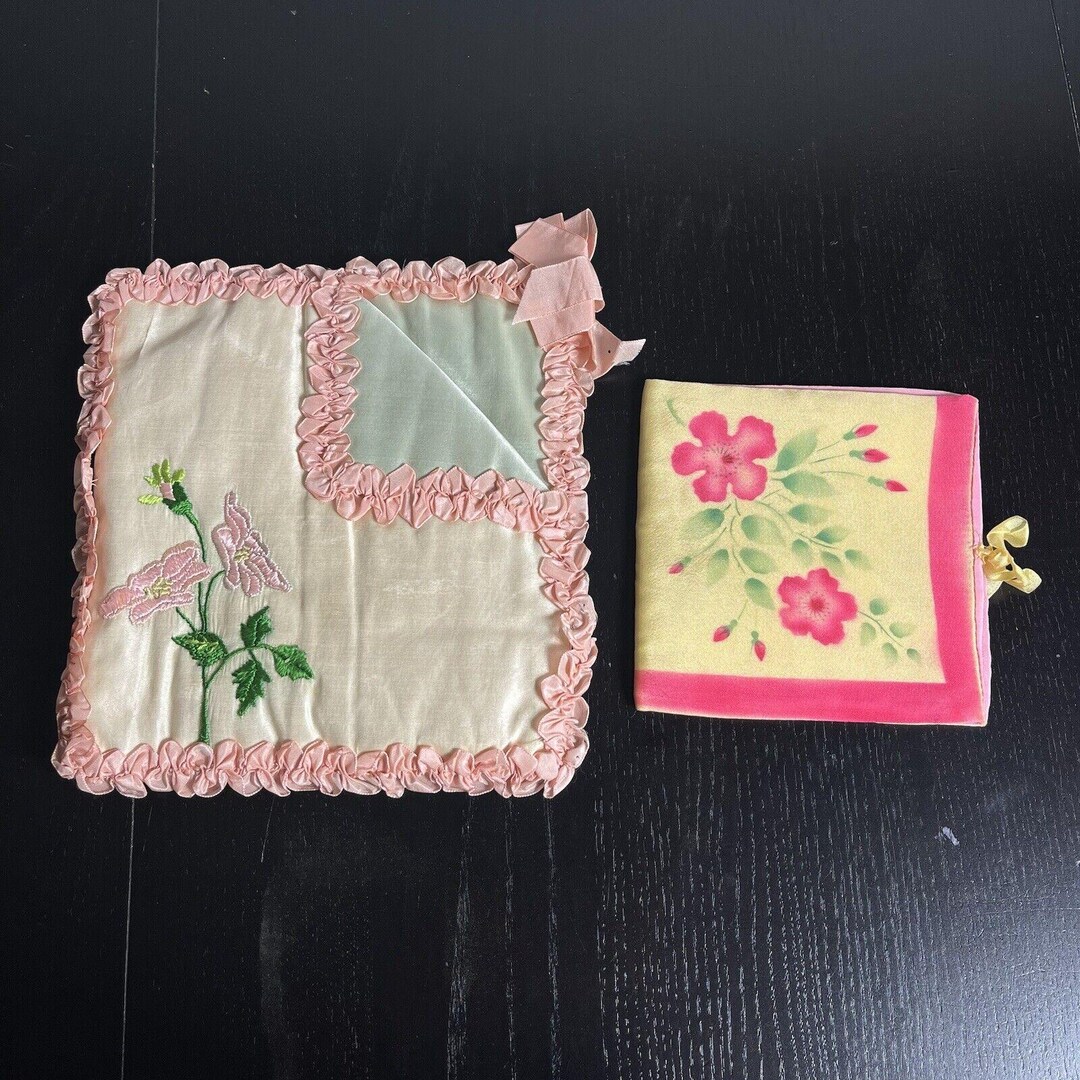 Vintage Mid Century Floral Hankie Holder & Hand Painted Silk Powder ...