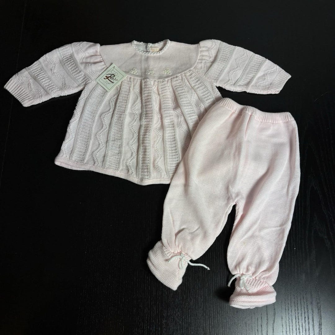 Vintage 80s RENZO Baby Girl 6-9M Pink Acrylic Sweater Knit 2pc Footed ...