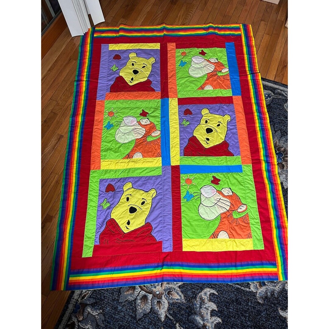 Vintage Handmade Winnie the Pooh & Tigger Toddler Quilt Blanket Rainbow ...