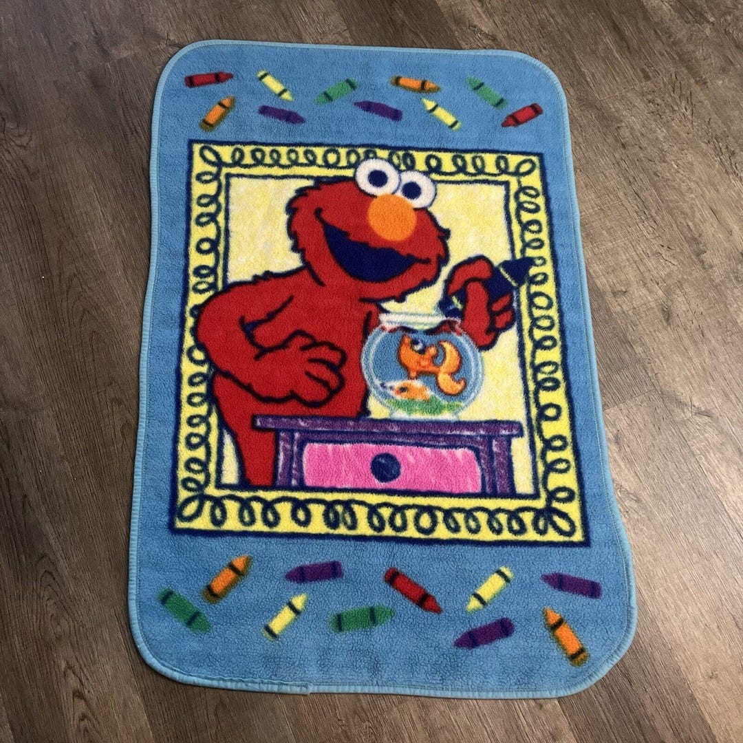 Vintage ELMO & Dorothy the Goldfish Fish Bowl Crayons Blue Baby Blanket ...