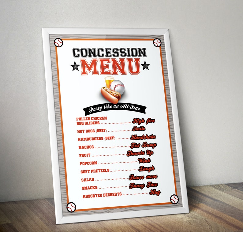 Concession Menu Sign, Baseball Birthday, All Star Birthday, Baby Shower ...