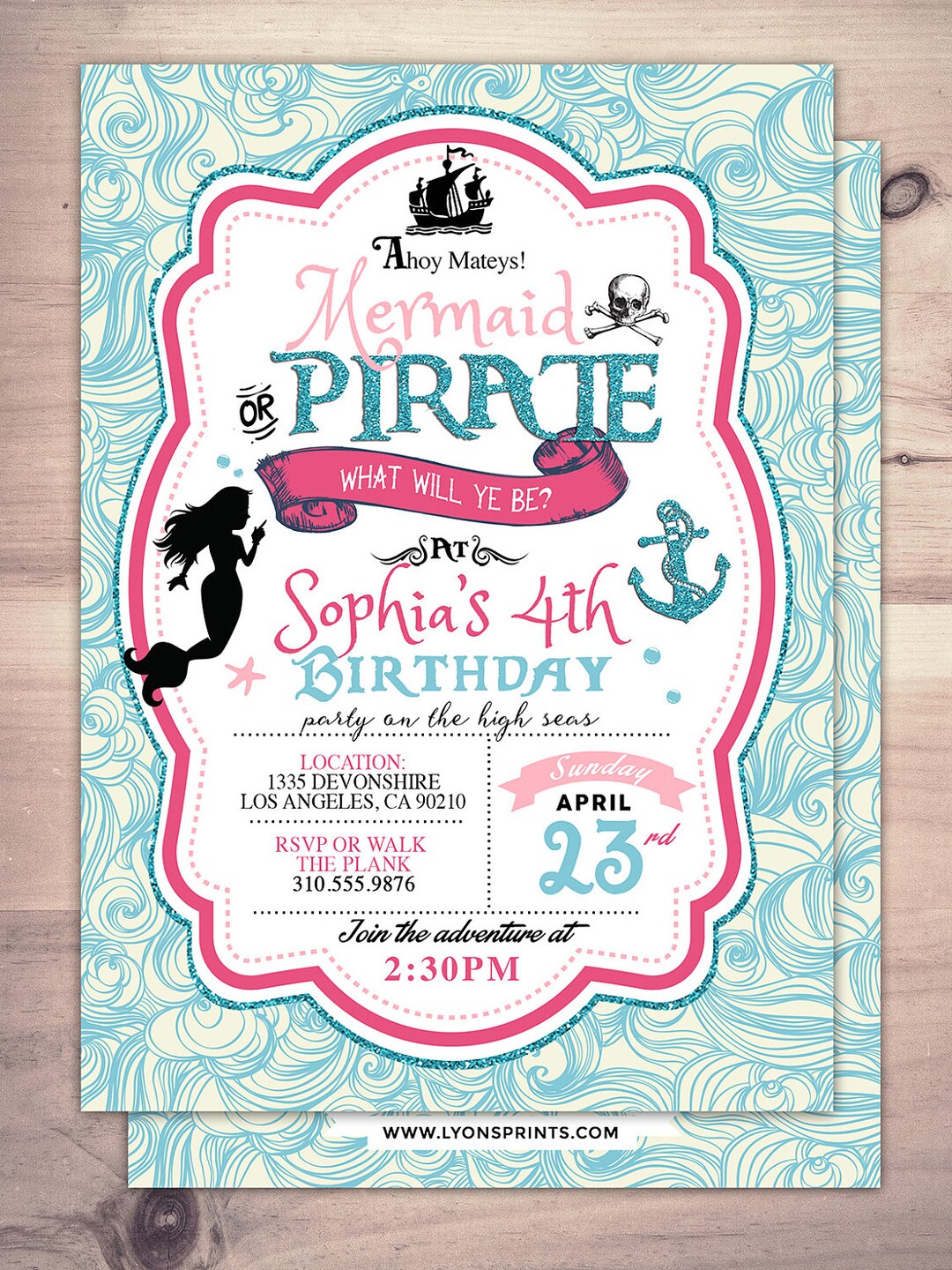 Mermaid Invitation, Pirate and Princess Birthday Invitation, Princess ...
