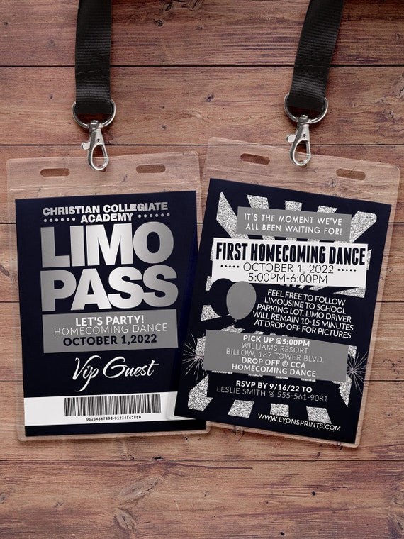 VIP Pass, Limo pass, Homecoming, Prom, school dance, backstage pass ...
