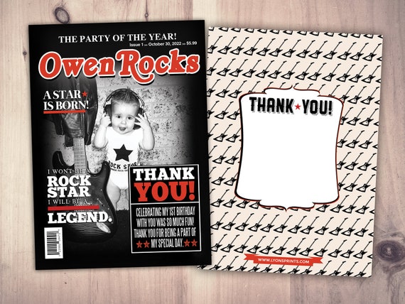 Thank you card, Rock Star magazine theme birthday, rockstar, baby ...